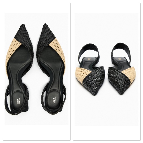 Zara | Shoes | Zara Pointed Toe Contrast Color Woven Raffia Slingback ...